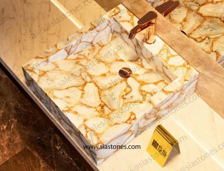 White Agate Gold Fill Square Sloped Wash Basin - Luxury Bathroom Sink