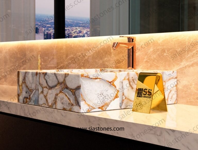 White Agate Gold Fill Square Sloped Wash Basin - Luxury Bathroom Sink