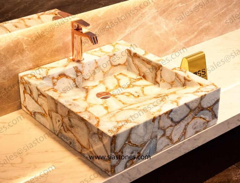 White Agate Gold Fill Square Sloped Wash Basin - Luxury Bathroom Sink