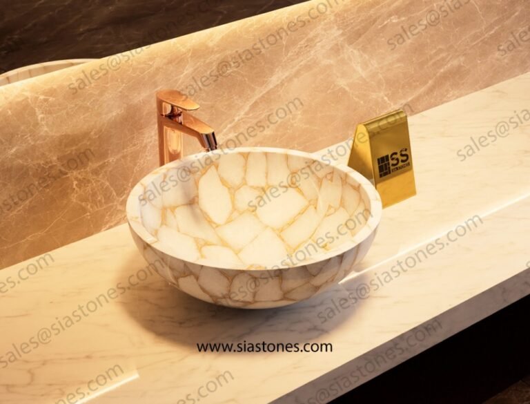 White Quartz Gold Fill Round Wash Basin – Luxury Handcrafted Sink