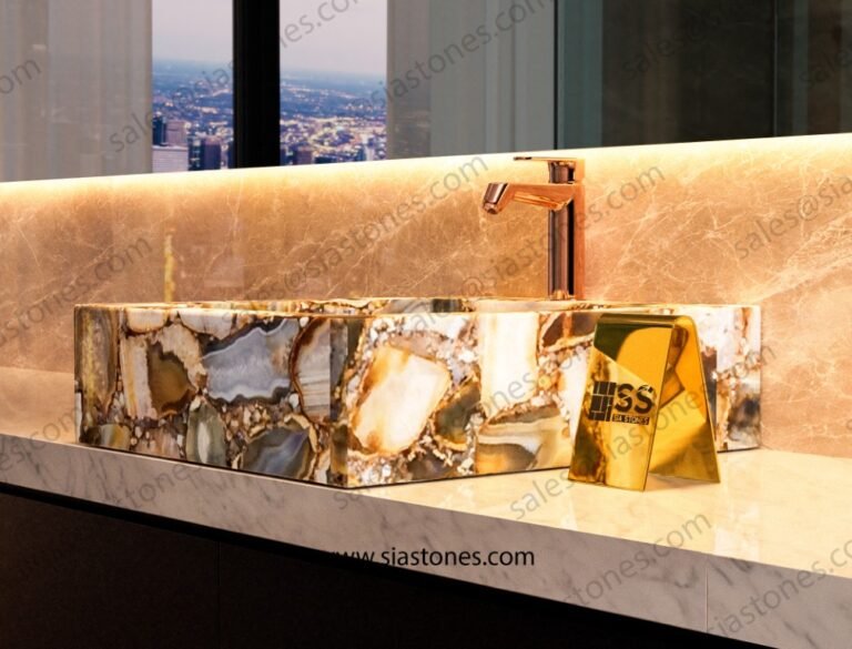 Yellow Agate Square Sloped Wash Basin - Luxury Bathroom Sink